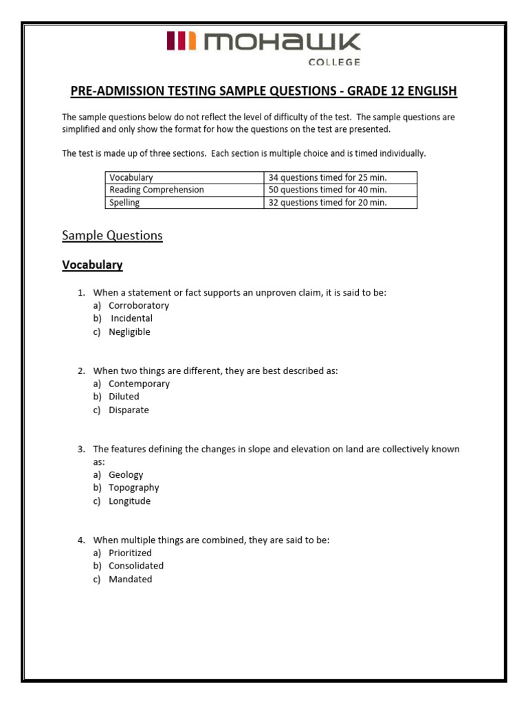Mohawk College Pre-Admission Sample Questions - English | PDF Mohawk College Pre-Admission Sample Questions - English | PDF