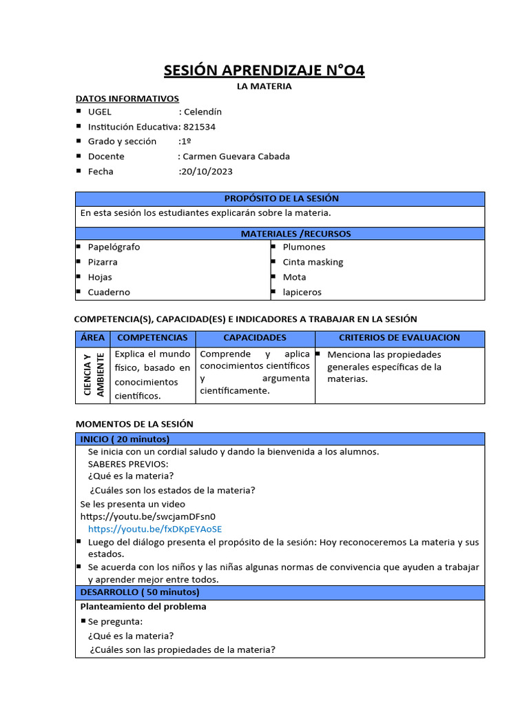 SESIÓN APRENDIZAJE La Materia | PDF