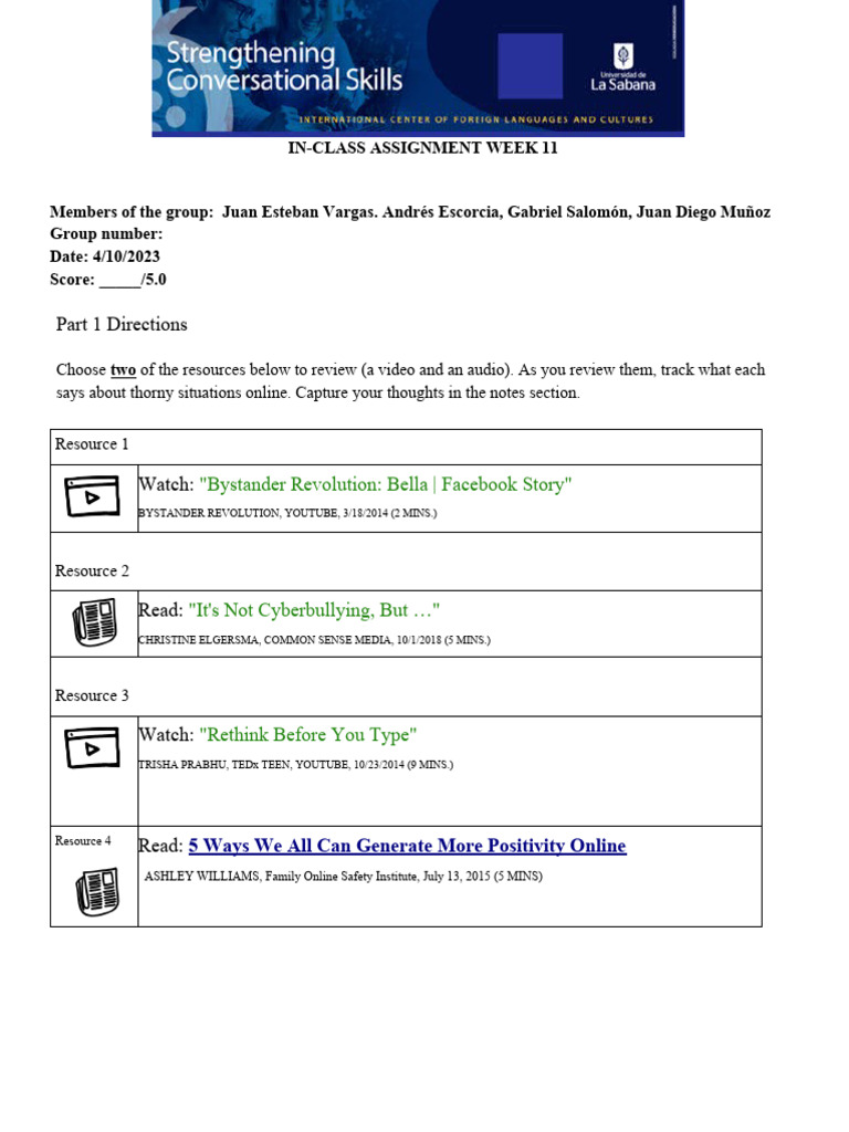 In-Class Assignment Week 11 | PDF | Cyberbullying | Human Communication