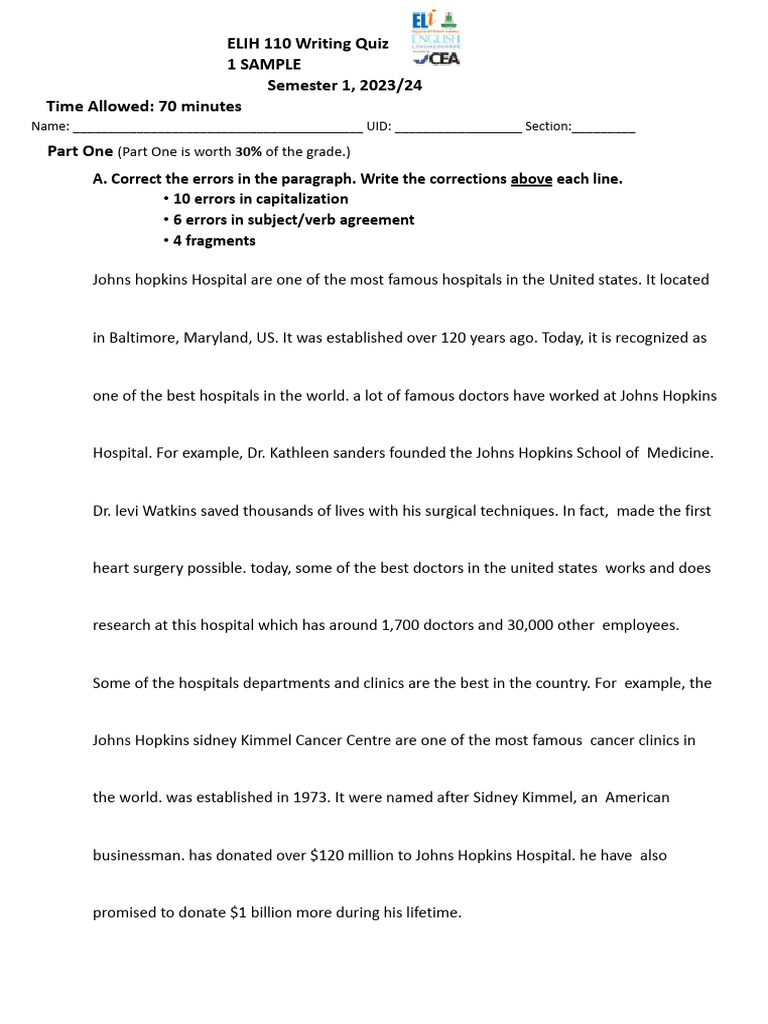 ELIH 110 Writing Quiz Sample 2023 | PDF