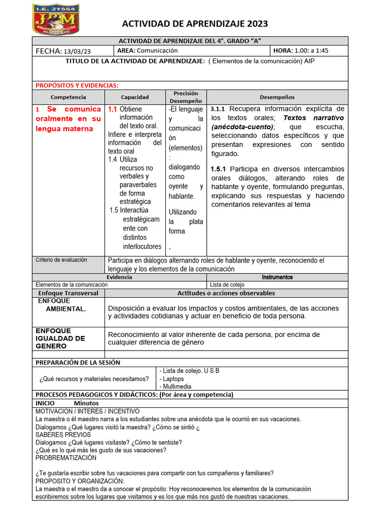 Sesión de Aprendizaje Aip 2023 | PDF