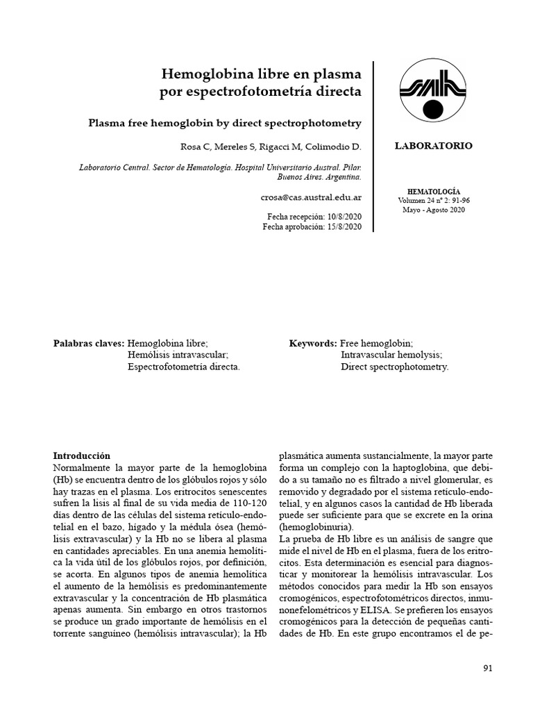 Hemoglobina Libre en Plasma Por Espectrofotometría Directa: Plasma Free ...