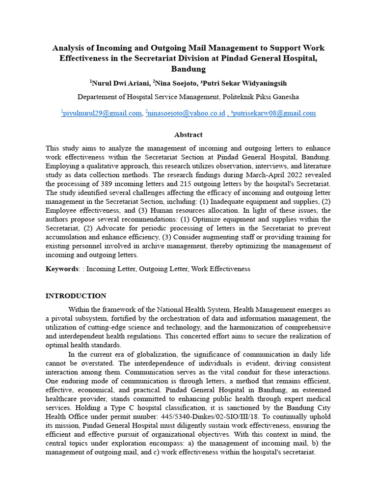Analysis of Incoming and Outgoing Mail Management To Support Work Effectiveness in The ...