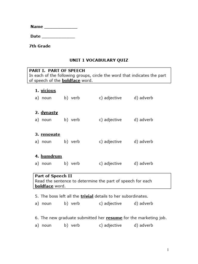 7th Grade Vocabulary Quiz Guide | PDF | Foreign Language Studies ...