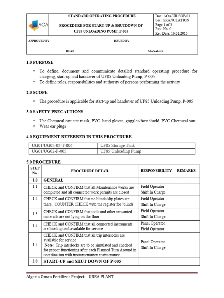 SOP UF85 Unloading Operation | PDF