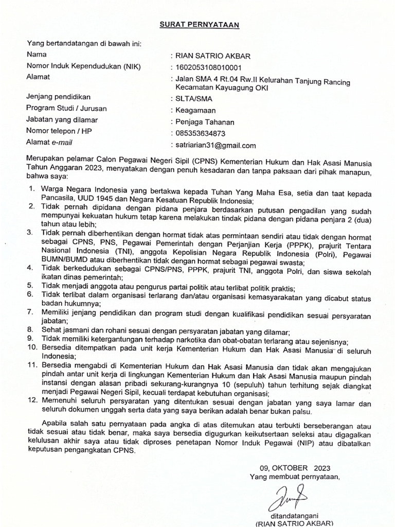 Surat Pernyataan Rian | PDF