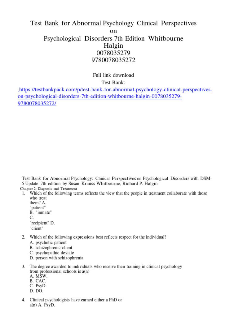 Test Bank For Abnormal Psychology Clinical Perspectives On ...
