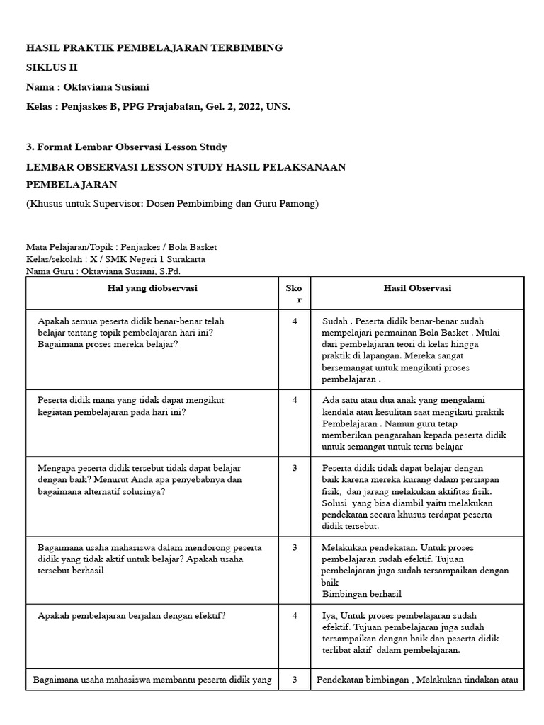 Lembar Observasi Lesson Study Okta | PDF