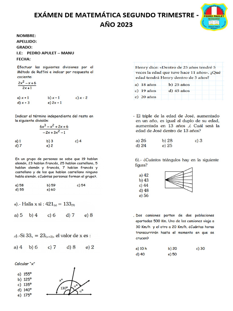 Exámen de Matemática Segundo Trimestre. - 1ro y 2do Secundaria | PDF