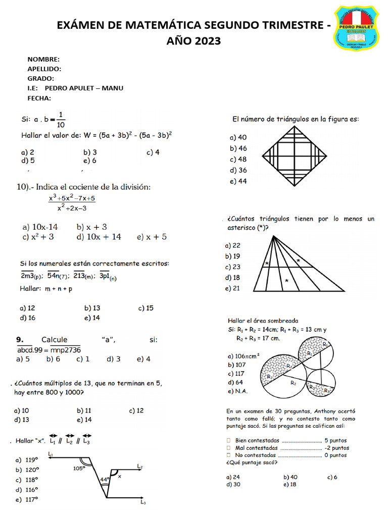 EXÁMEN DE MATEMÁTICA SEGUNDO TRIMESTRE. - 3ro y 4to Secundaria | PDF