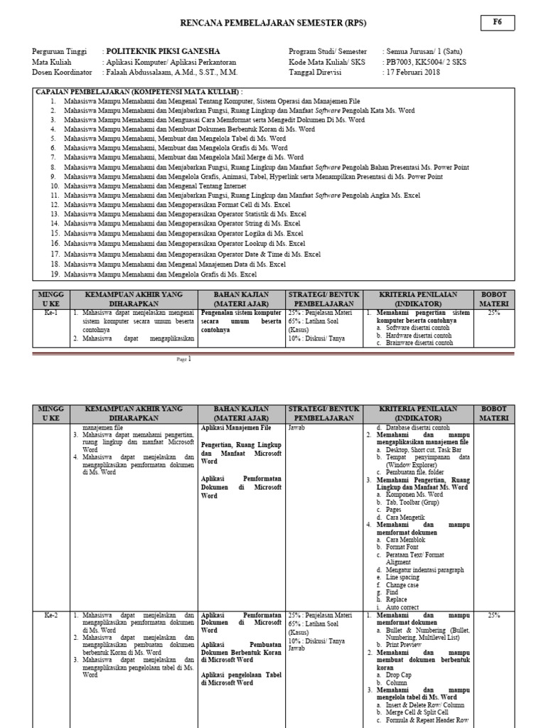 RPS Aplikasi Komputer Semester 1 | PDF | Komputer