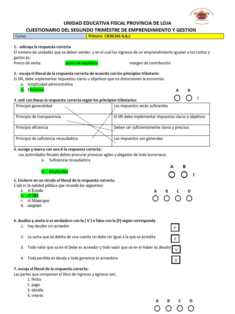 Cuestionario 1ero Grado 2 | PDF
