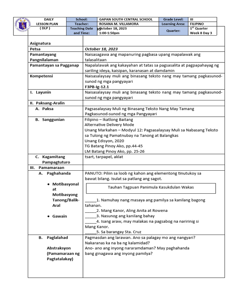 FILIPINO DLP GRADE 3 - WEEK 8 - Day 3 OCTOBER 182023 | PDF