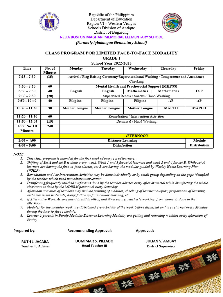 Grade 1 Class Program WD Mhpss (Nbmmes) | PDF