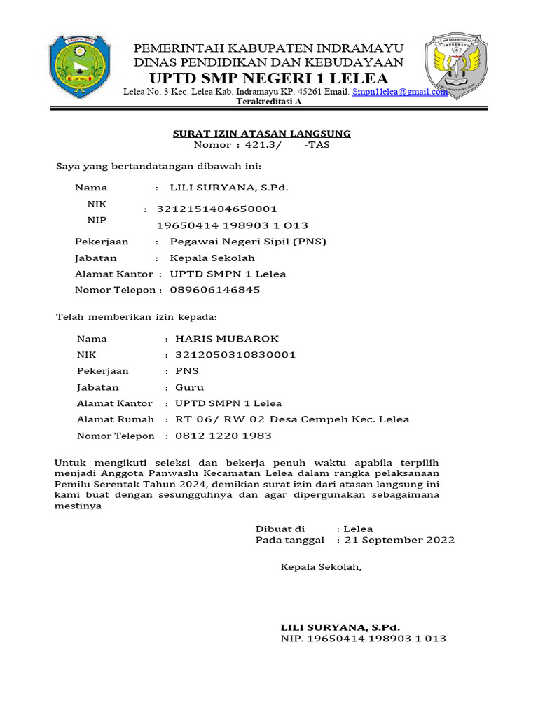 Contoh Surat Ijin Atasan Langsung | PDF