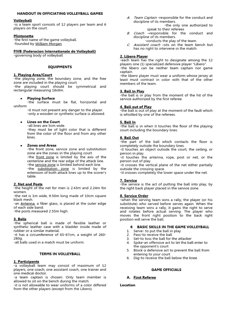 Handout in Officiating Volleyball Games | PDF | Volleyball | Sports