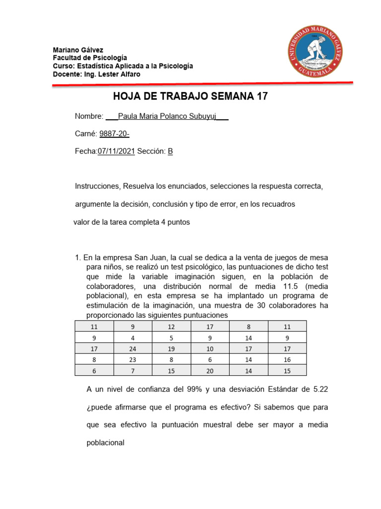Hoja de Trabajo Semana 17 | PDF
