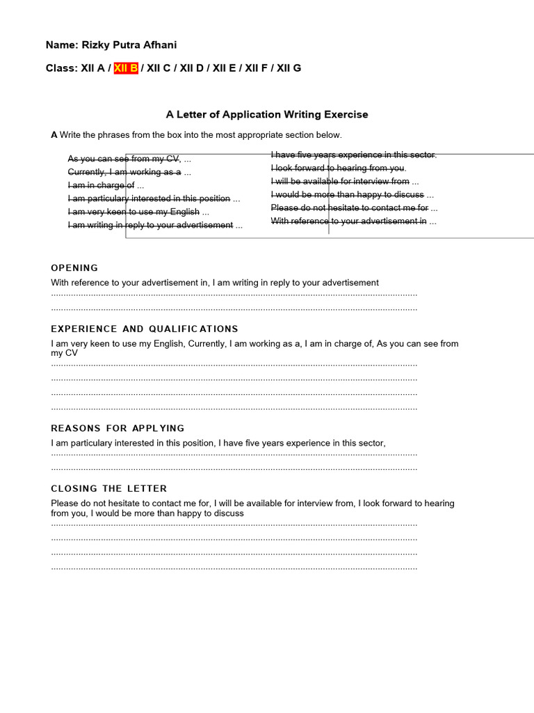 RIZKY PUTRA AFHANI TKJ - Application Letter Exercise | PDF | Language Arts & Discipline
