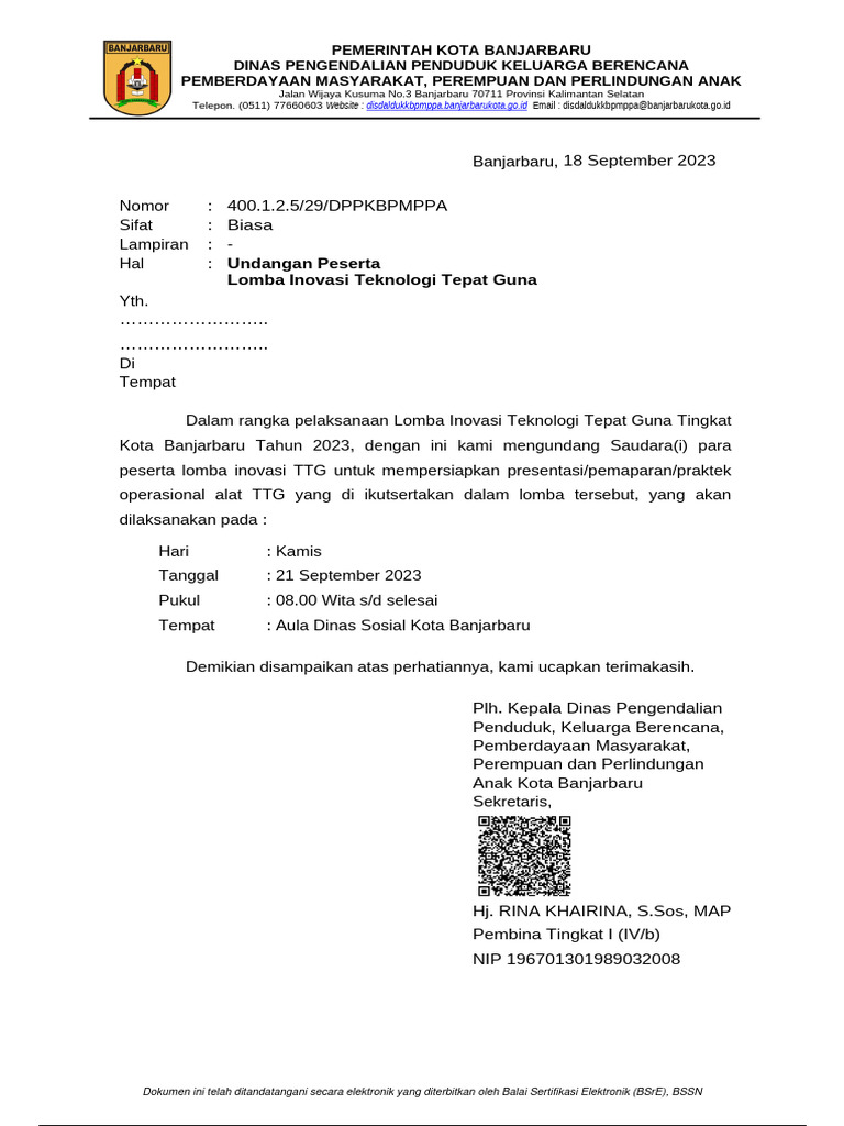 Undangan Peserta Lomba Inovasi TTG Tahun 2023 TTD TTE | PDF