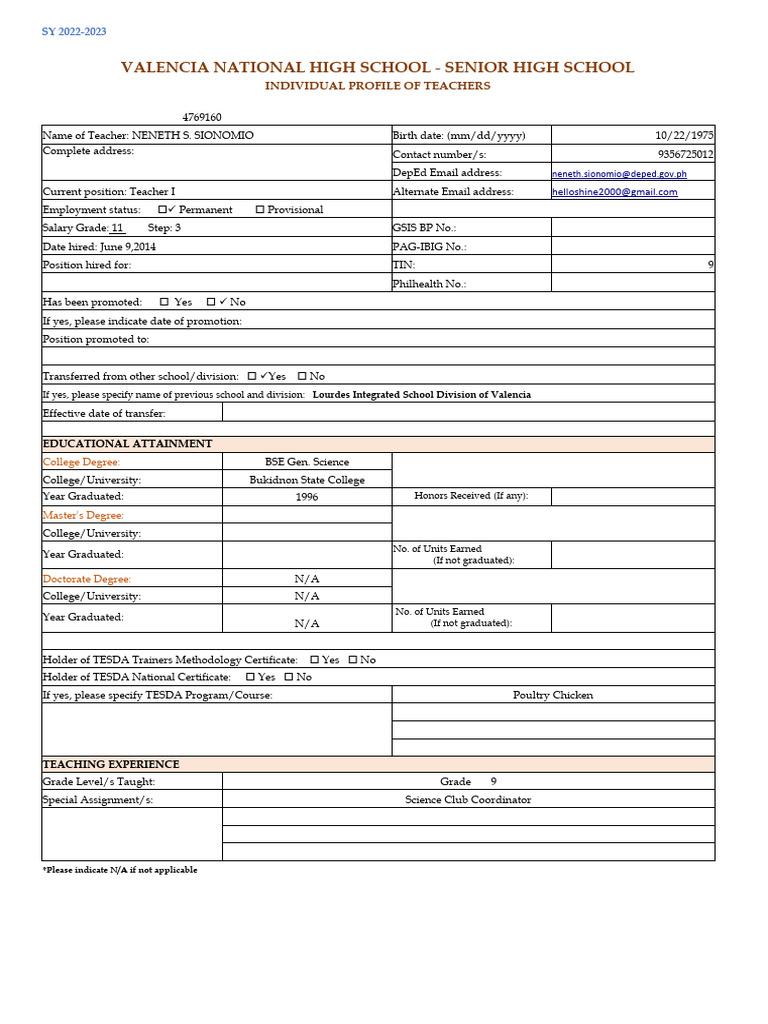 Individual Profile of Teachers Template 1 | PDF