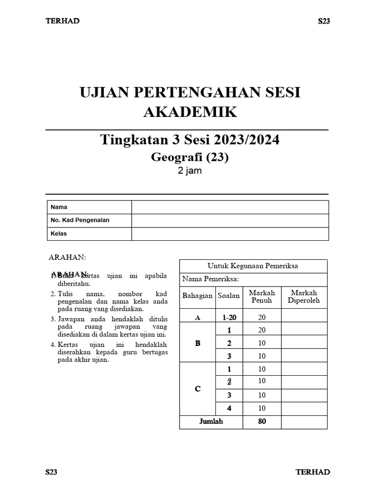 Kertas Ujian Pertengahan Sesi Akademik Geografi Tingkatan 3 03 | PDF
