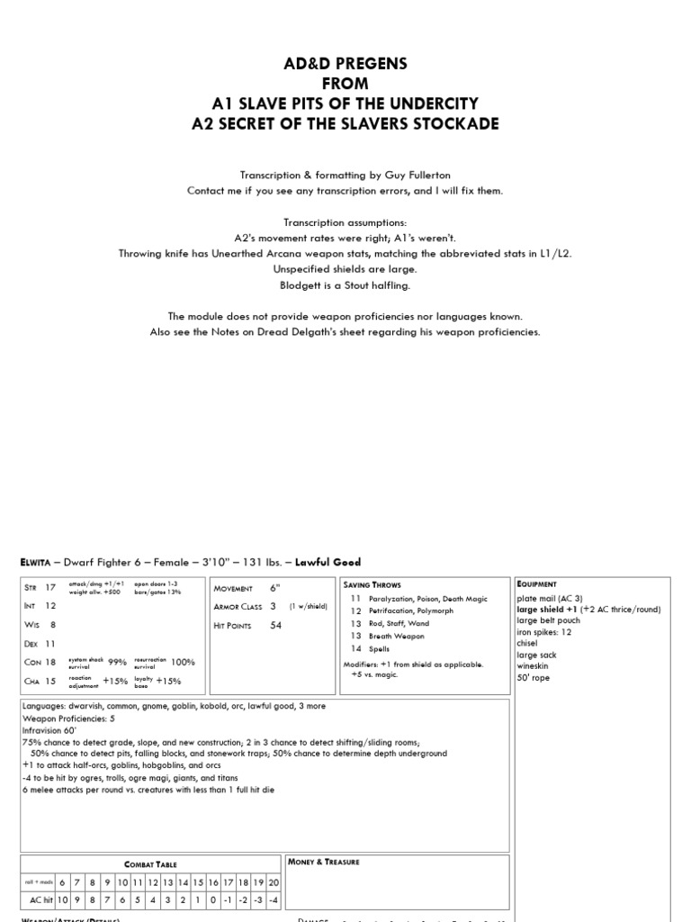 A1 A2 Slave Lords Pregenerated Characters | PDF