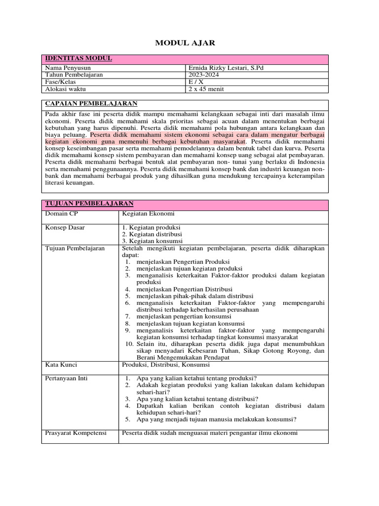 Modul Ajar Kegiatan Ekonomi | PDF
