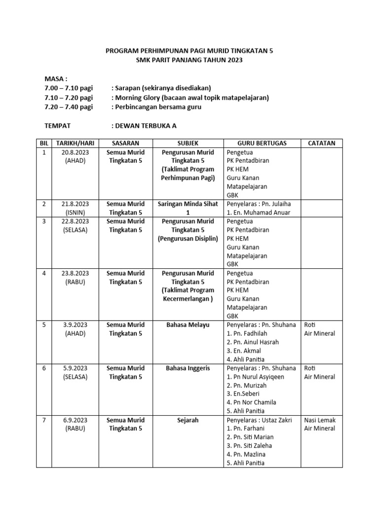 Jadual Program Perhimpunan Pagi Murid Tingkatan 5 2023 | PDF