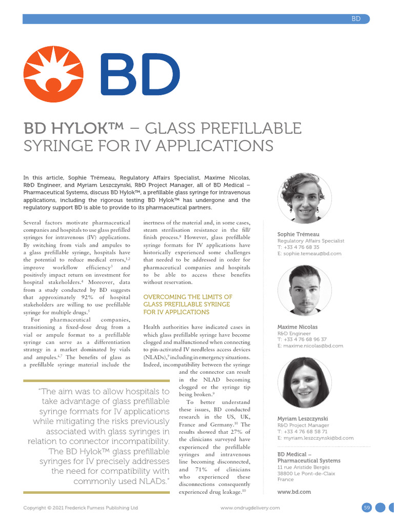 BD 23891 - BD Hylok Glass Prefillable Syringe For IV Applications Article ODD 2021 - PA - EN | PDF
