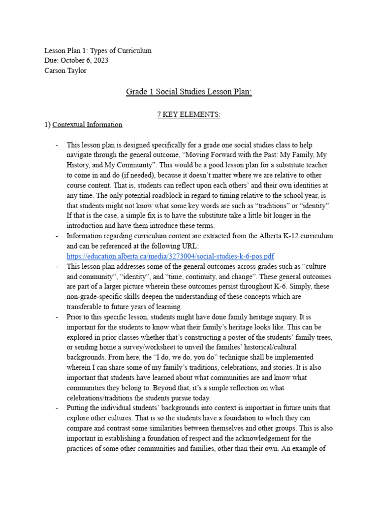 Grade 1 Social Studies Curriculum Plan | PDF | Career & Growth