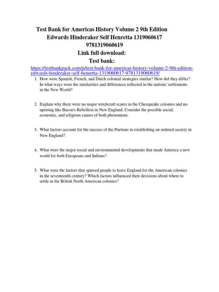 Test Bank For Americas History Volume 2 9th Edition Edwards Hinderaker ...