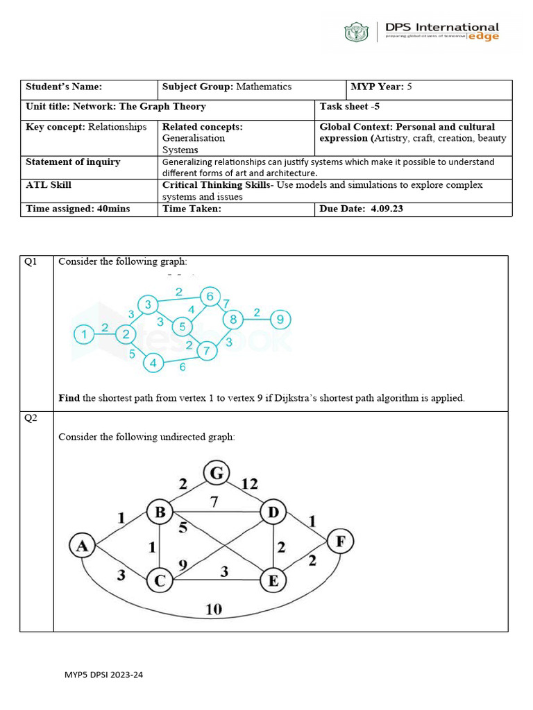 MYP5-Math Unit 1 Term1 Tasksheet 5 2023-24 - Network | PDF