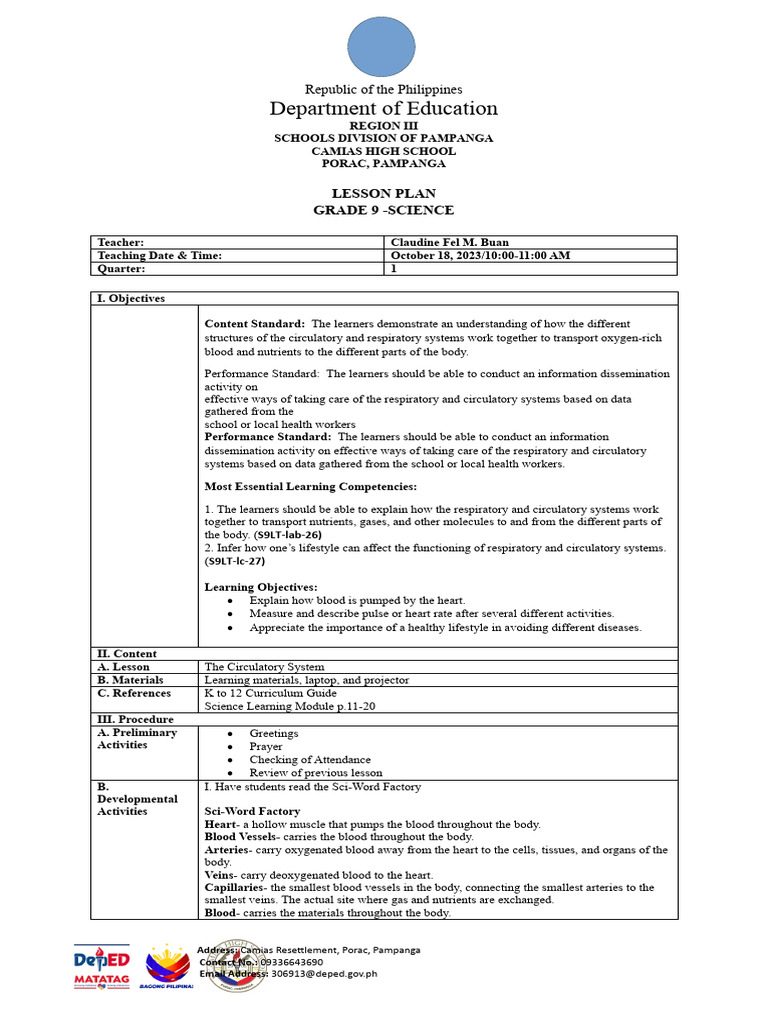 LESSON PLAN IN SCIENCE 9 QUARTER 1 | PDF | Heart | Artery