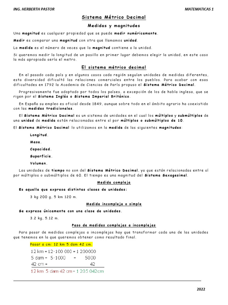 Sistema Métrico Decimal, Contenido | PDF