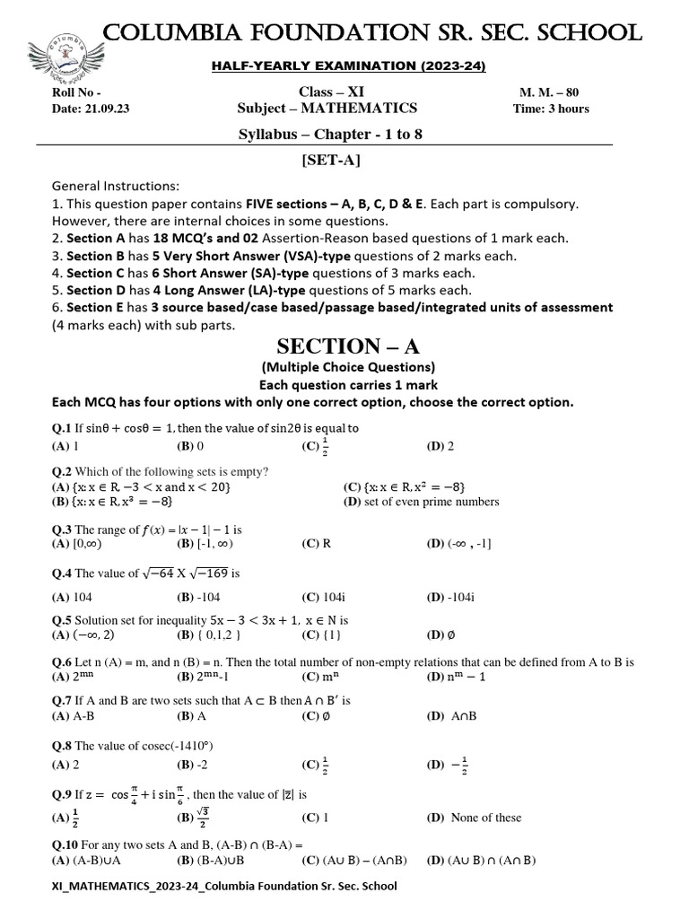 XI Mathematics Half-Yearly Exam 2023-24 | PDF | Teaching Methods ...