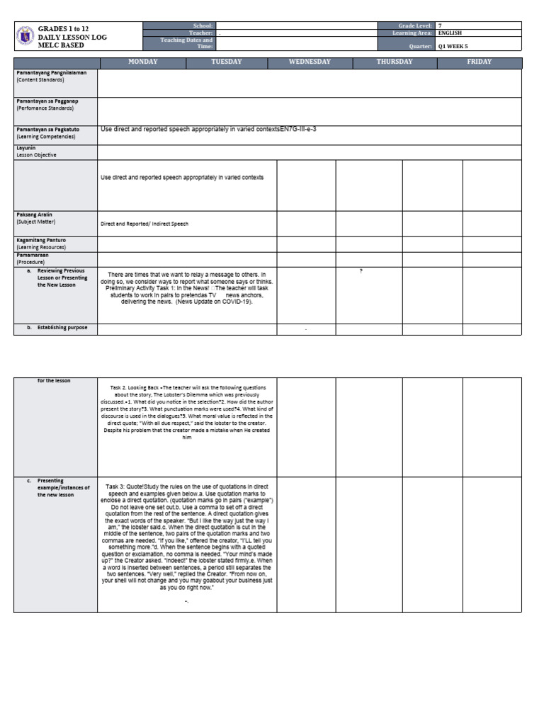 MELC DLL ENG 7 WEEK 5 Q1 Done | PDF