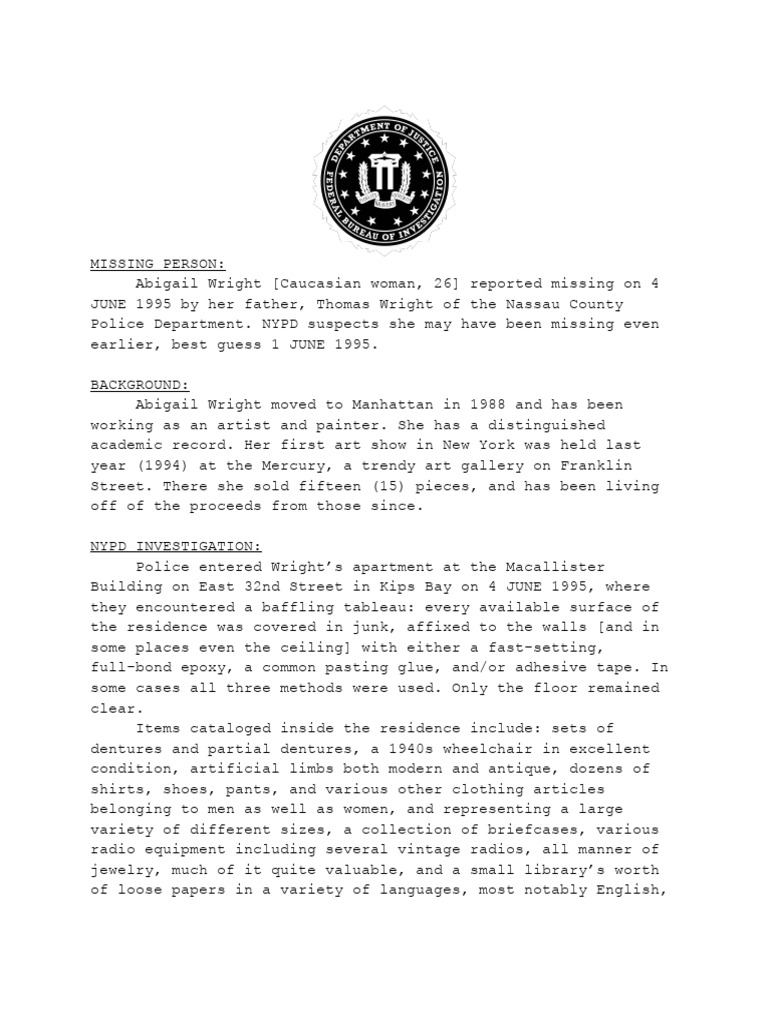 FBI Case File Missing Person Abigail Wright | PDF | Mystery, Thriller ...