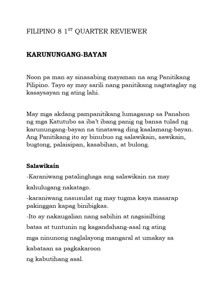 Filipino 8 1ST Quarter Reviewer | PDF
