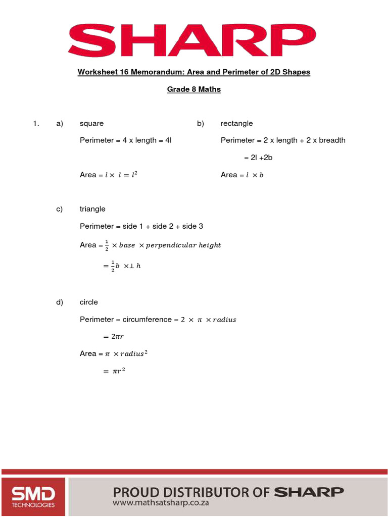 Worksheet 16 Memorandum Area and Perimeter of 2D Shapes | PDF