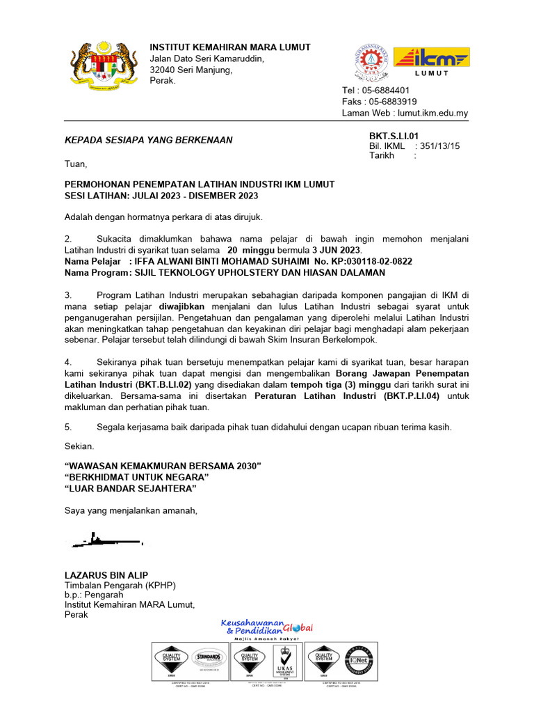 Surat Permohonan Penempatan Latihan Industri (BKT.S.li.01) - LAIN2 ...