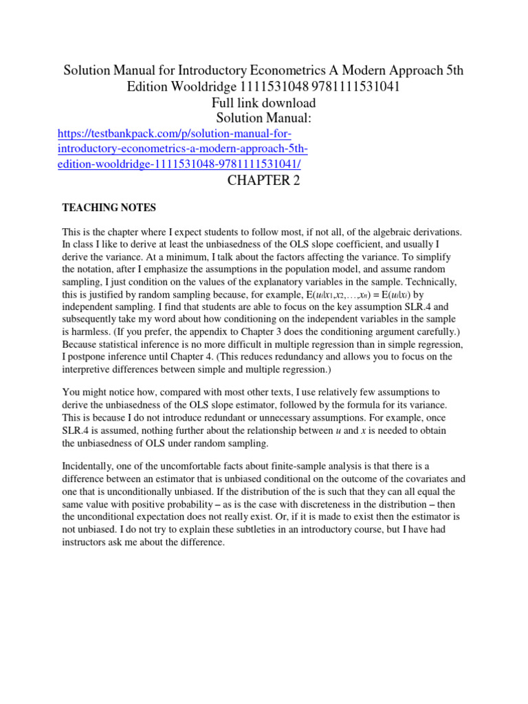 Solution Manual For Introductory Econometrics A Modern Approach 5th Edition Wooldridge ...