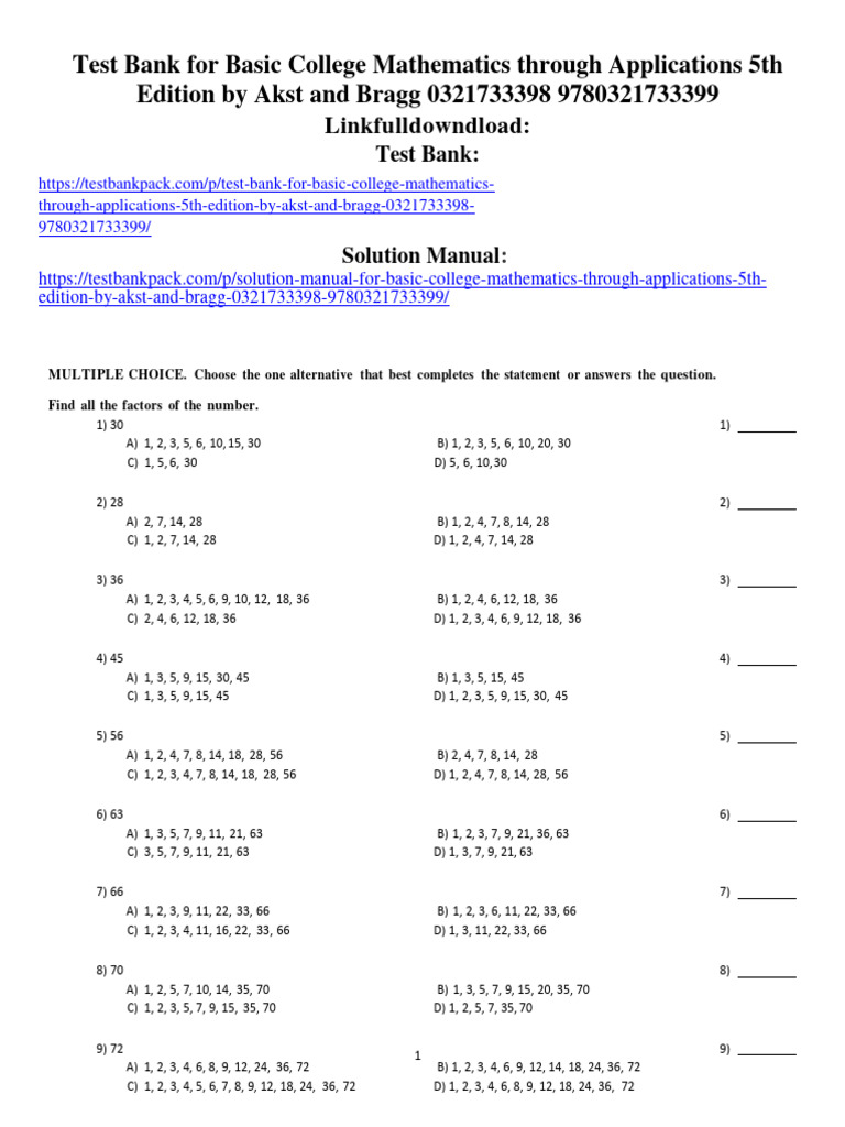 Test Bank For Basic College Mathematics Through Applications 5th Edition By Akst And Bragg