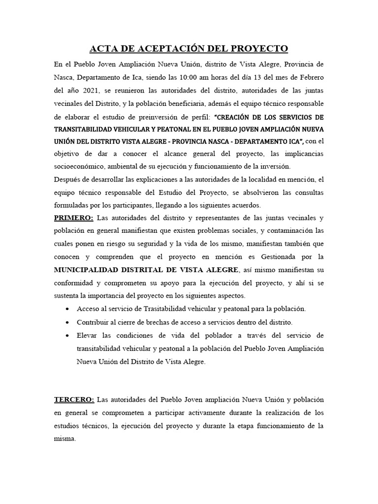 Acta Aceptacion Del Proyecto | PDF Acta Aceptacion Del Proyecto | PDF