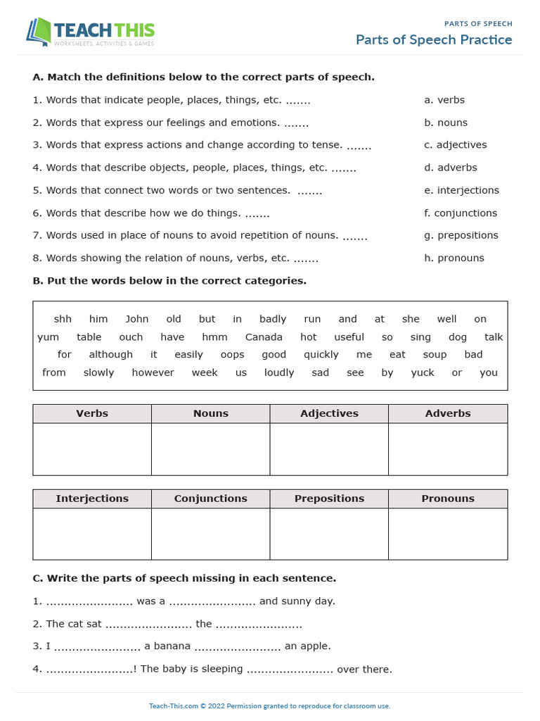 Parts of Speech Practice 3 4 | PDF
