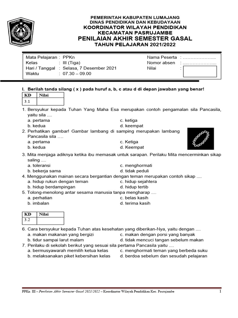 Soal PAS Ganjil 2021-2022 Kelas 3 PPKN | PDF