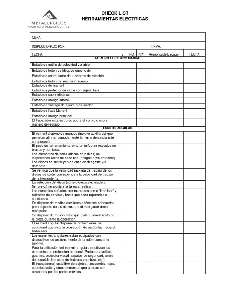 Check List Herramientas Electricas PDF | PDF Check List Herramientas Electricas PDF | PDF