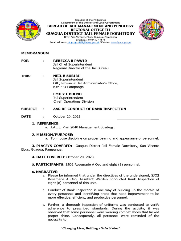 Guagua DJFD AAR RE Conduct of Rank Inspection 10.20.2023 | PDF