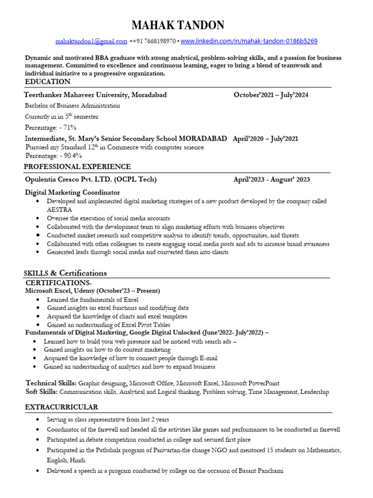 Mahak Tandon - Resume | PDF | Career & Growth