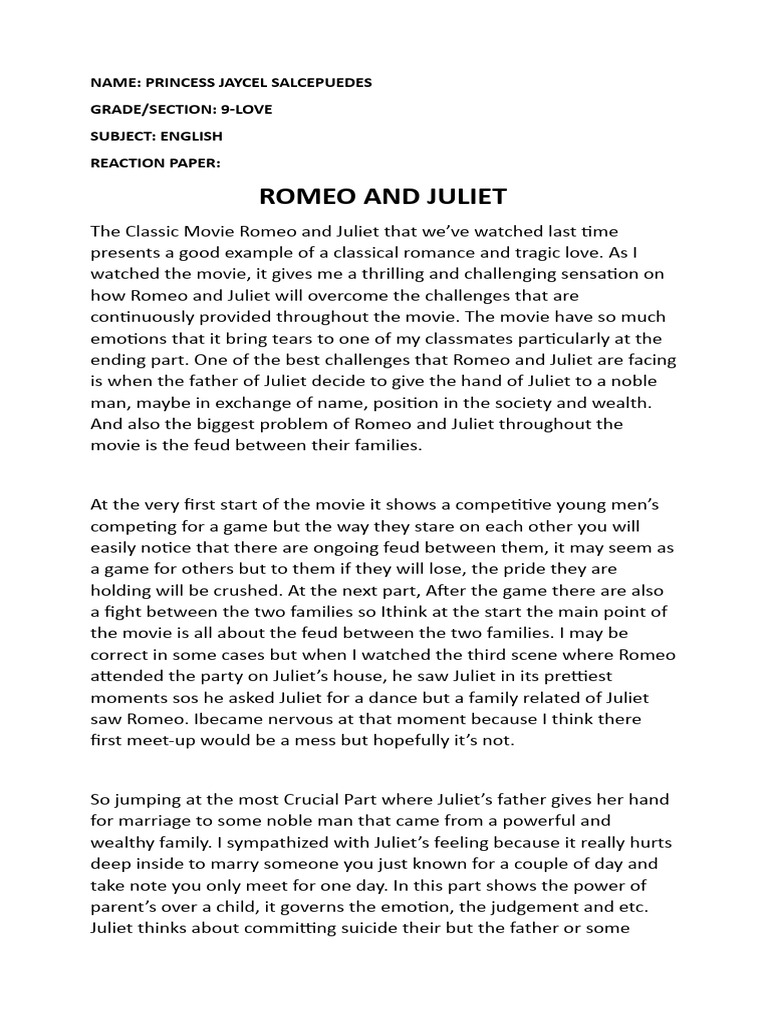 Romeo and Juliet Reaction Paper | PDF Romeo and Juliet Reaction Paper | PDF
