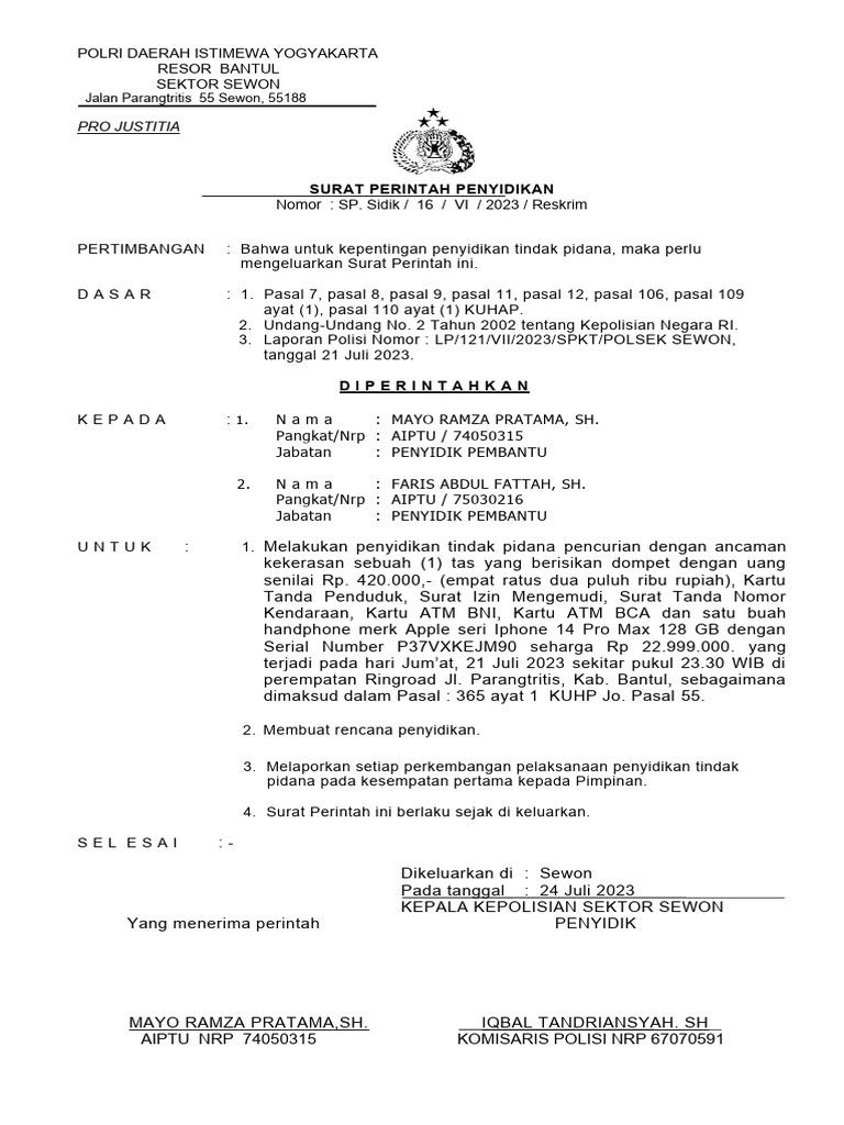 CONTOH SIDIK Dan SPDP | PDF